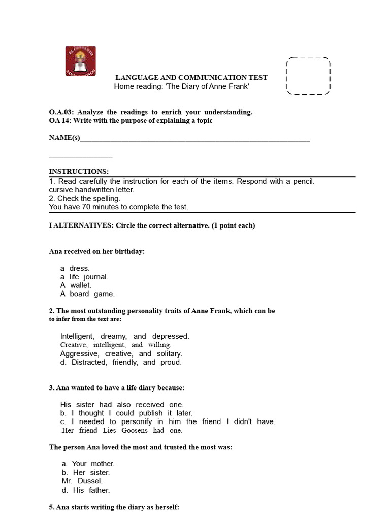 Test Reading The Diary of Anne Frank | PDF