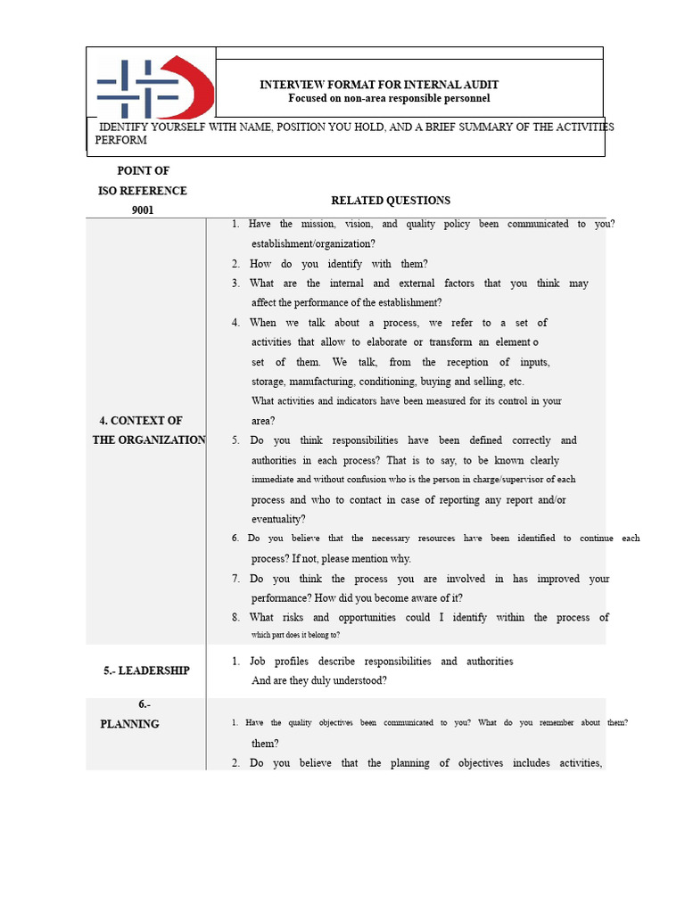 Internal Audit Interview Format Guide | PDF | Internal Audit | Audit