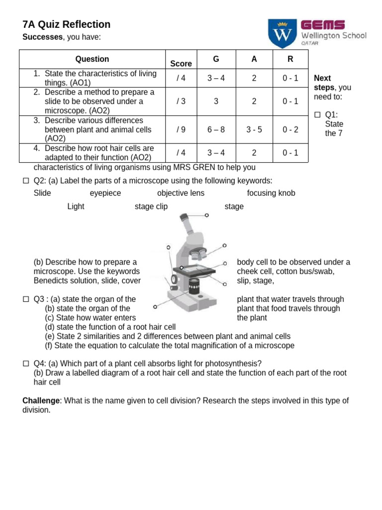 7A Quiz Reflection on Biology Concepts | PDF | Microscope | Optics