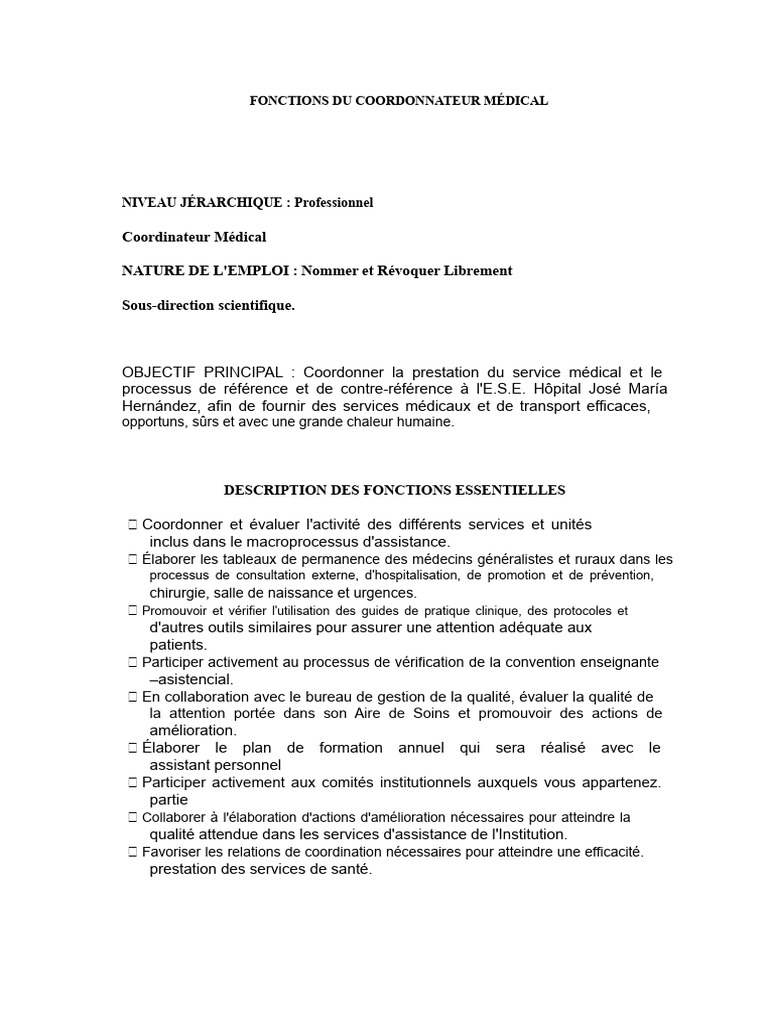 Fonctions du Coordinateur Médical | PDF | Hôpital | Contrôle interne