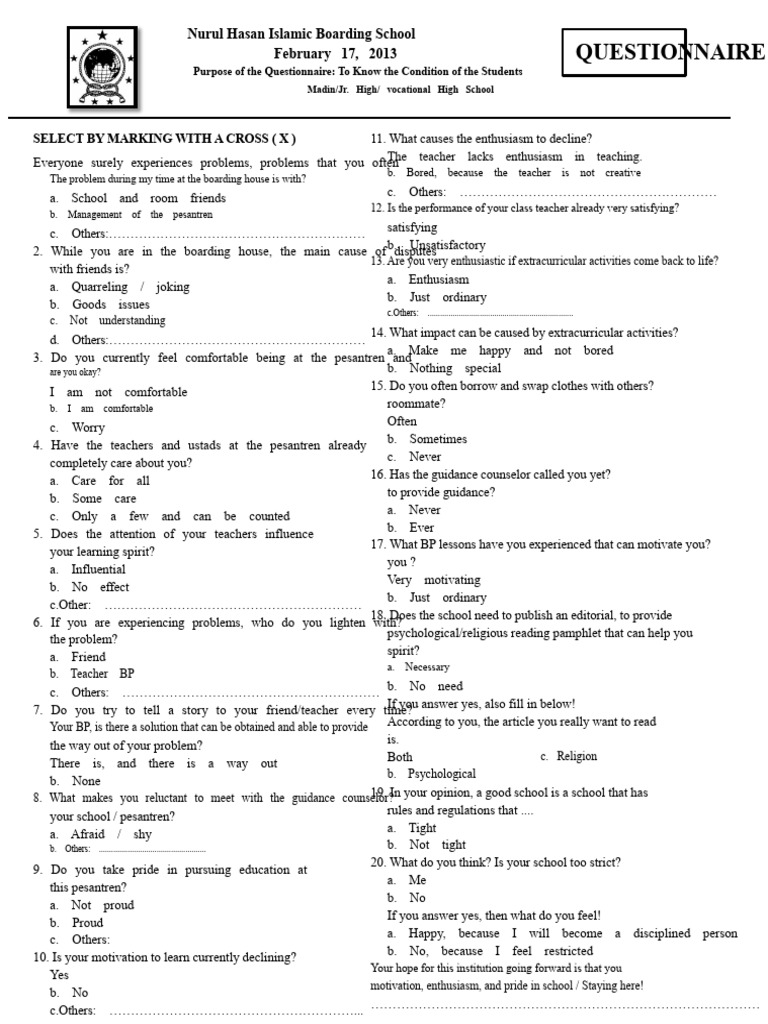 Sample Questionnaire | PDF | Teachers | Behavior Modification