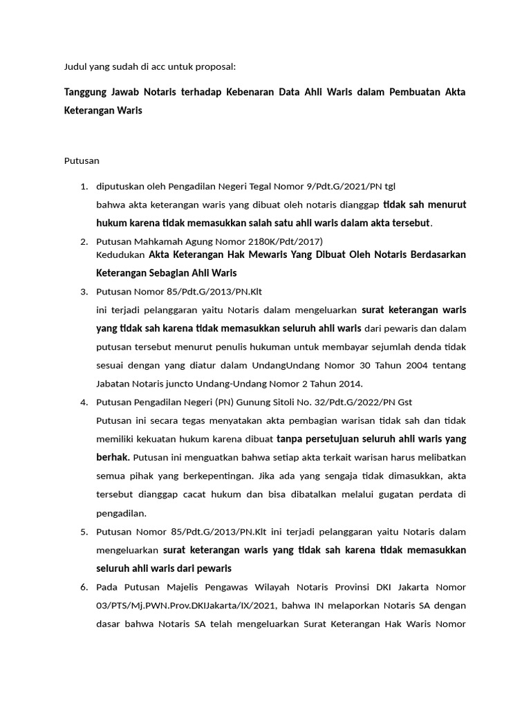 Putusan, Tanggung Jawab Notaris Terhadap Kebenaran Data Ahli Waris ...