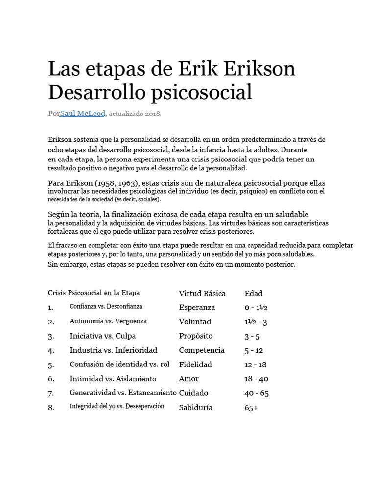 Las Etapas Del Desarrollo Psicosocial de Erik Erikson | PDF | Adultos | Adolescencia