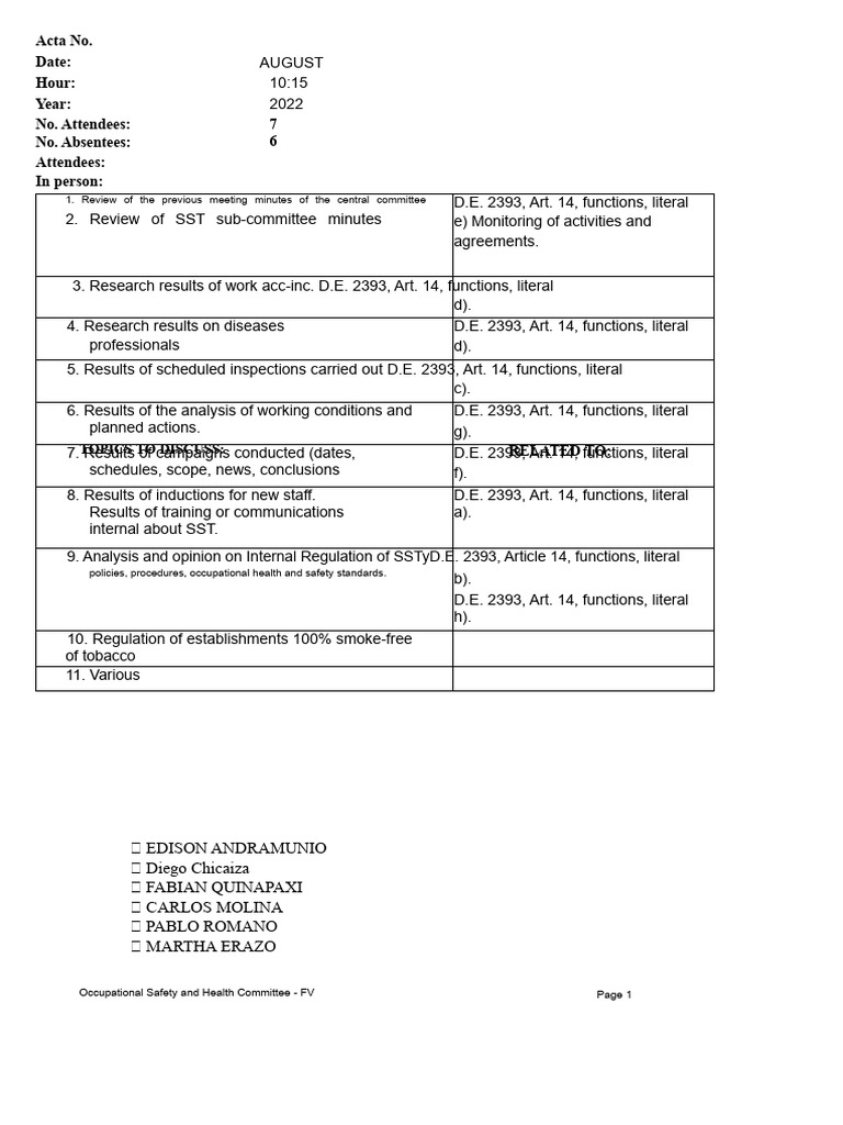 Minutes of Meetings of The Occupational Safety and Health Committee ...