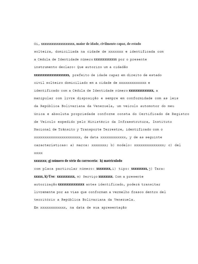 Modelo de Autorização para Manusear Veículo Dentro do Território ...