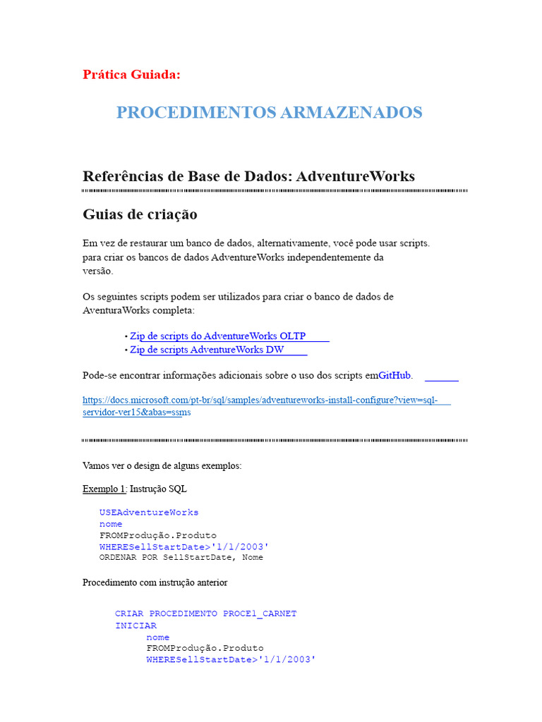 Pratique Procedimentos - Armazenados - SQL - Server | PDF | Bancos de dados | Tabela (banco de ...