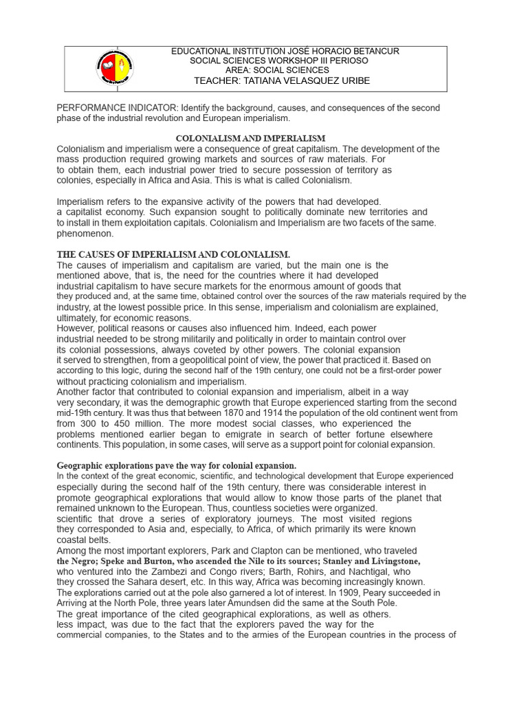 Workshop Imperialism and Colonialism Grade 8 Third Period | PDF ...