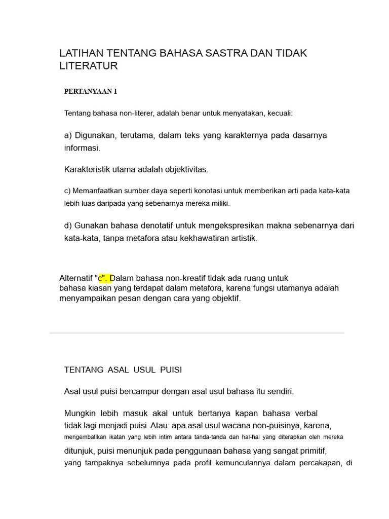 Pertanyaan Teks Sastra Dan Non-Sastra | PDF