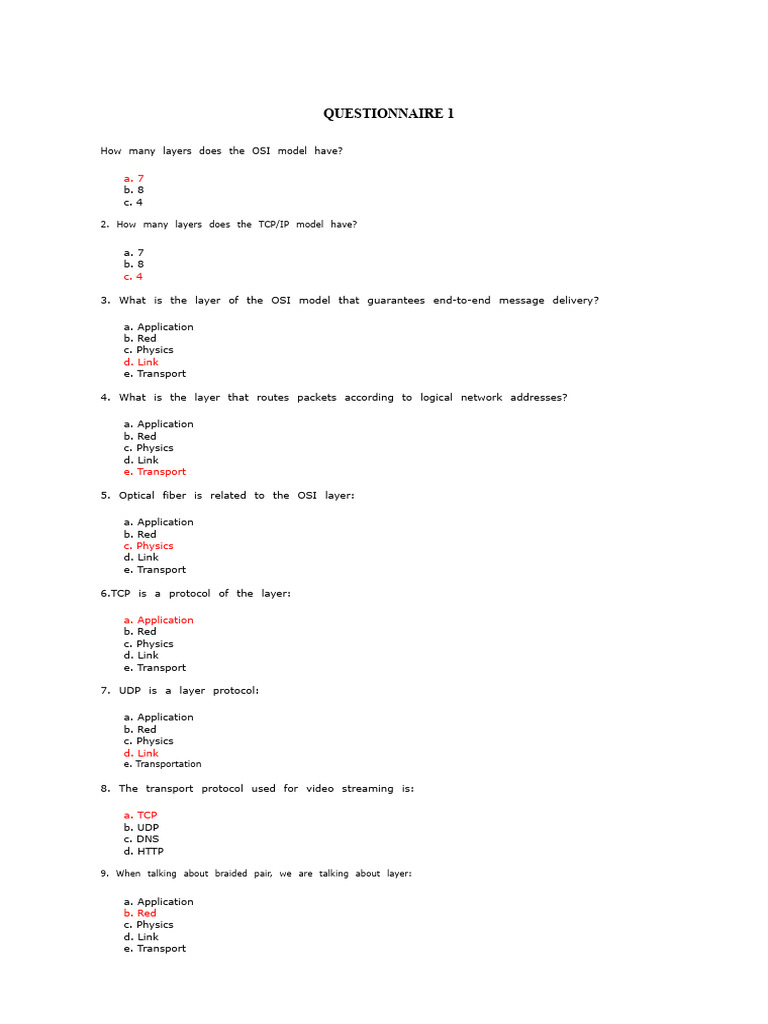 OSI and TCP/IP Model Questionnaire | PDF | Computer Network | Internet ...