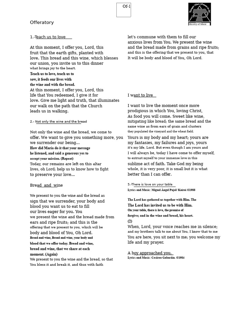 Offertory Songs For The Mass | PDF | Eucharist