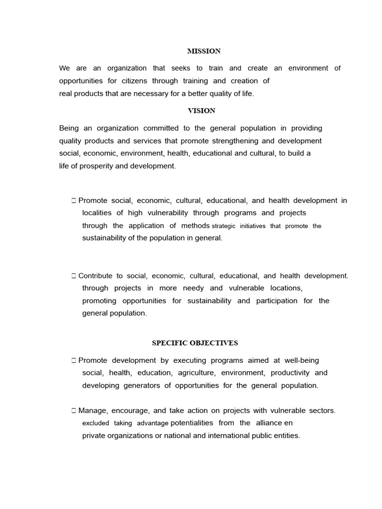 Mission, Vision, Objectives and Purposes | PDF
