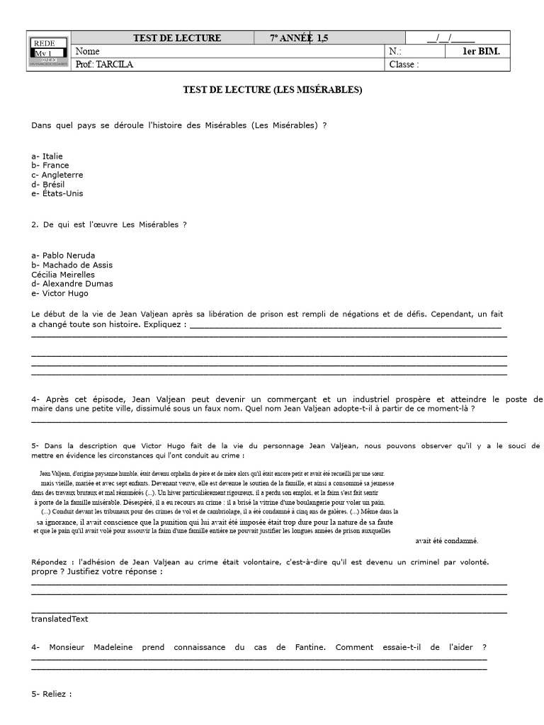Test de Lecture - 7ème Les Misérables | PDF | Les misérables