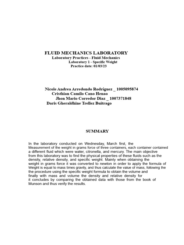 Laboratory 1 - Specific Weight | PDF | Density | Weight