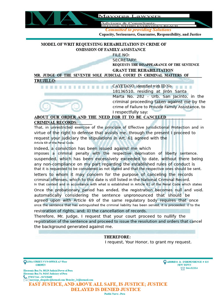 Model Letter Requesting Rehabilitation in The Offense of Failure To ...