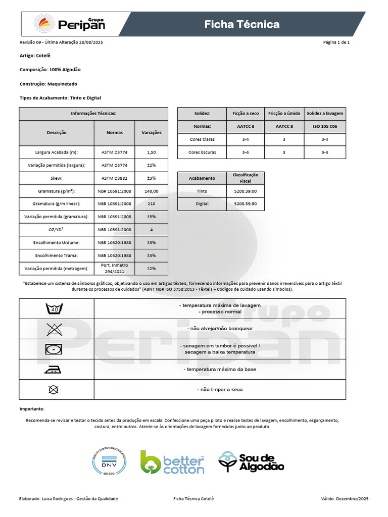 Ficha Técnica Cotelê | PDF | Têxteis