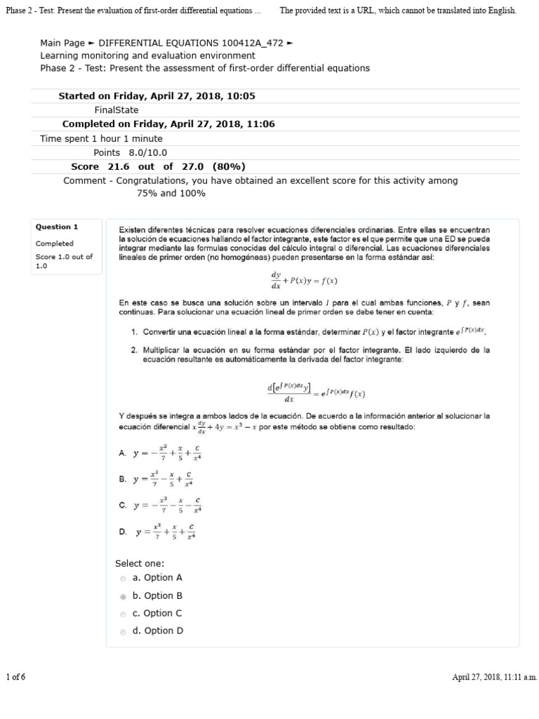 Phase 2 - Test Present The Evaluation First Order Differential ...