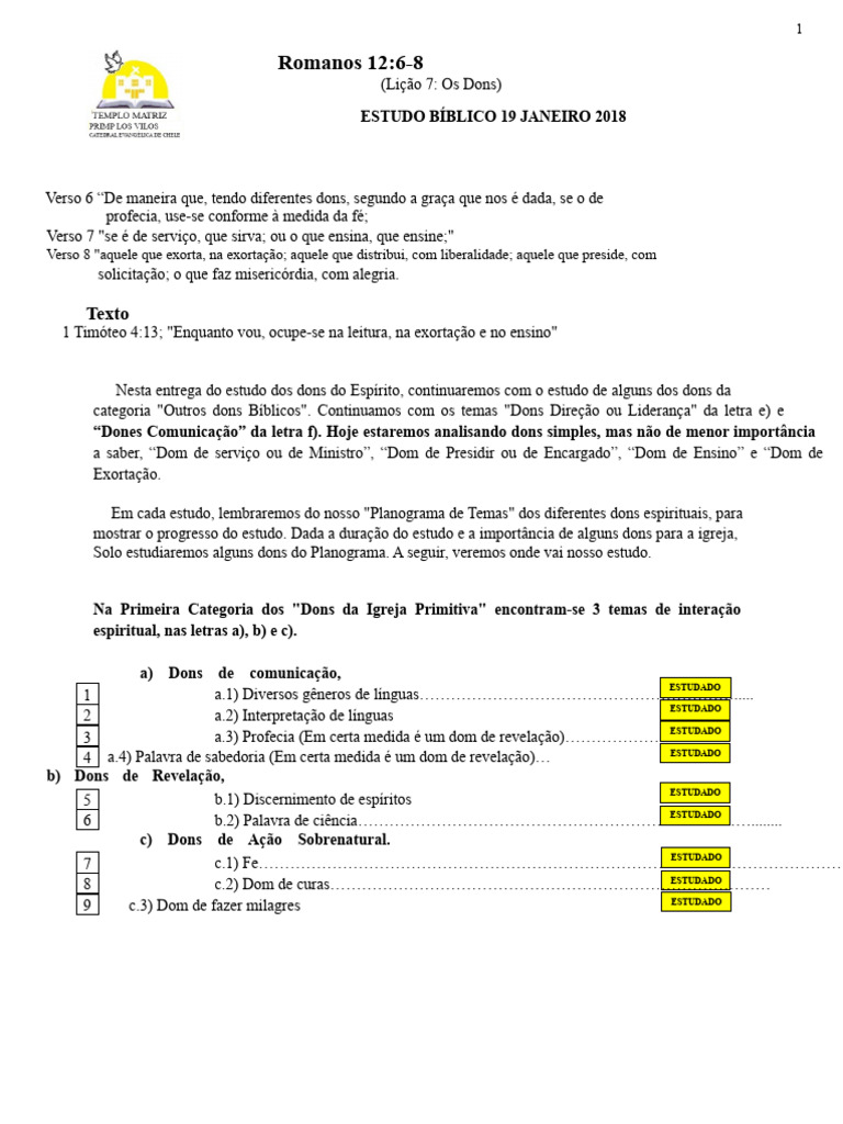 ESTUDO BÍBLICO 19 Janeiro 2018 - Romanos 12 6-8 Vertical - Pastor-6 ...