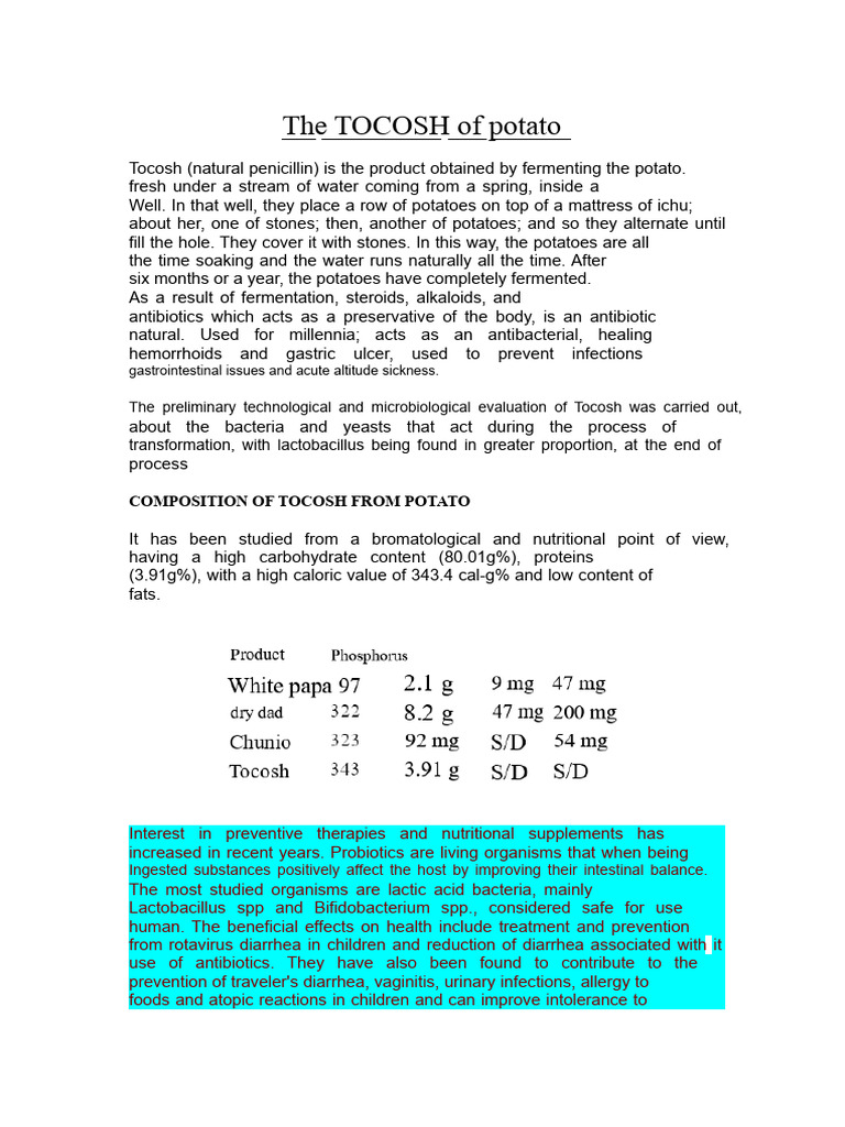 The Tocosh | PDF | Probiotic | Diarrhea