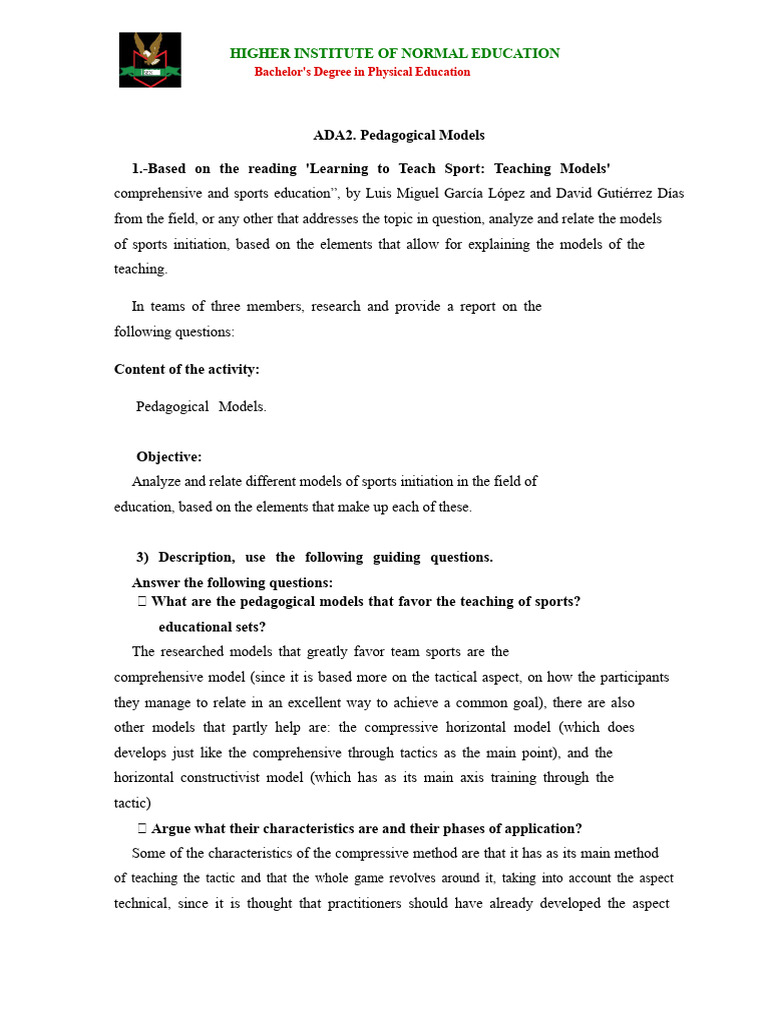 ADA 2. Pedagogical Models For Team Sports | PDF | Learning | Teachers