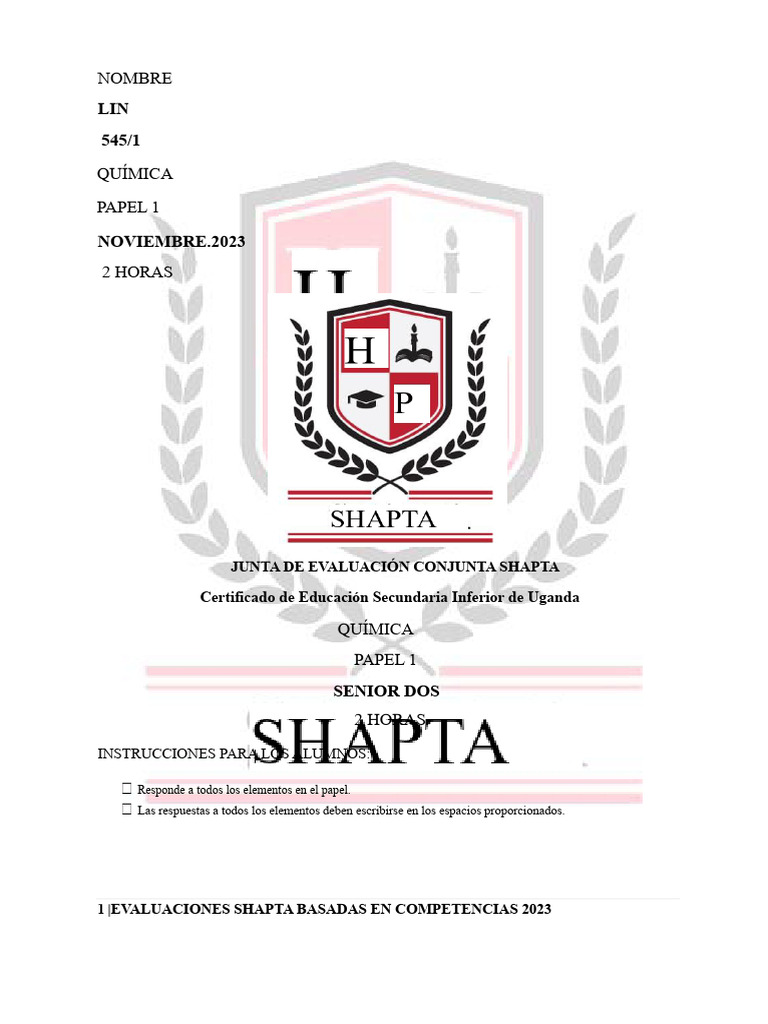 s2 Evaluaciones de Shapta de Química EOY 2023 Original | PDF | Química