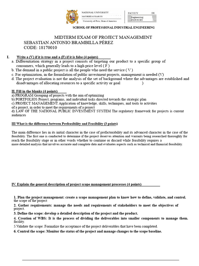 Project Management Midterm Exam Guide | PDF | Project Management | Business
