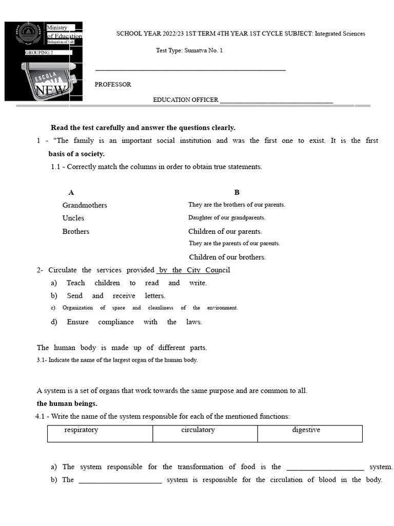 Integrated Science Test 4th Grade 1st Term | PDF | Foods | Circulatory ...