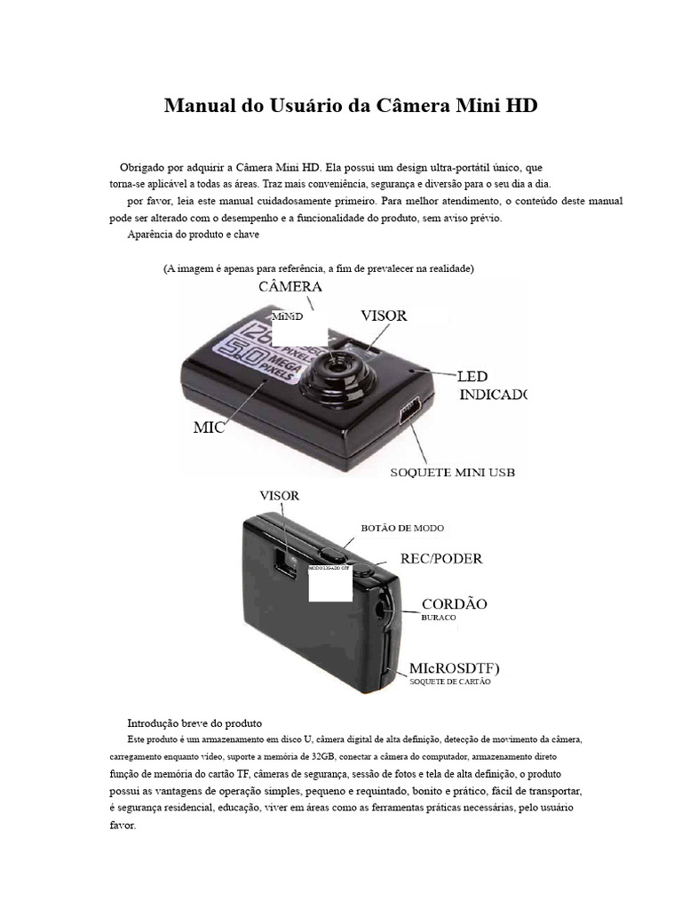 Manual da Câmera Mini HD: Guia Completo | PDF | Câmera | Armazenamento ...