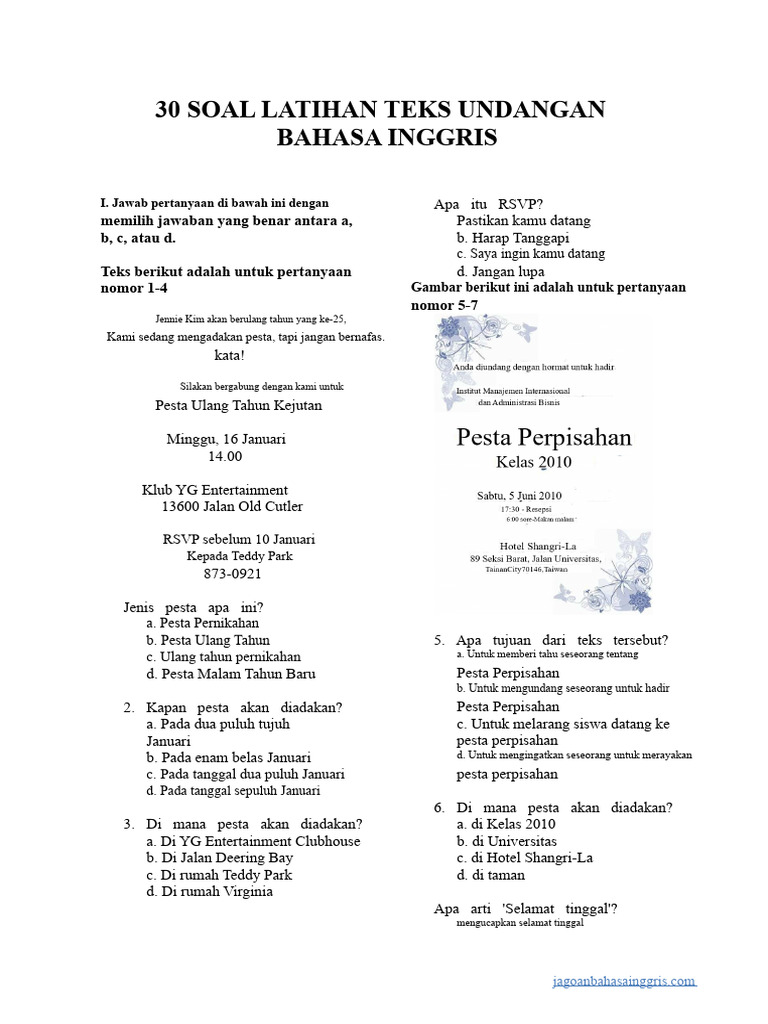 30 Soal Latihan Teks Undangan Inggris | PDF