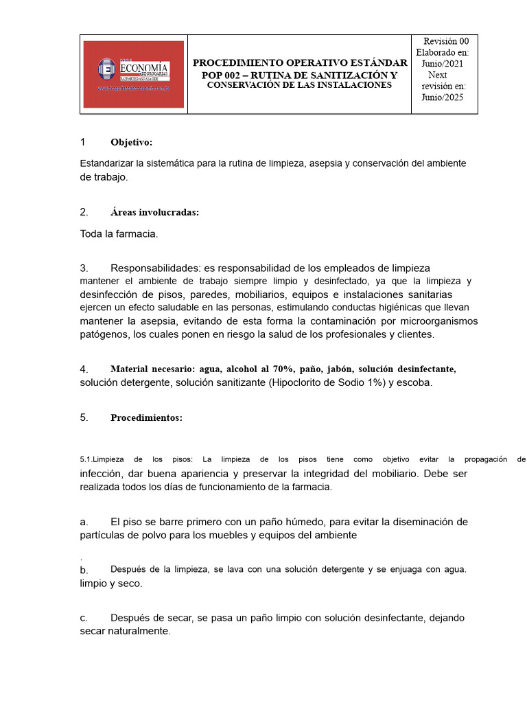 Pop 002 - Rutina de Sanitización y Conservación de Las Instalaciones ...