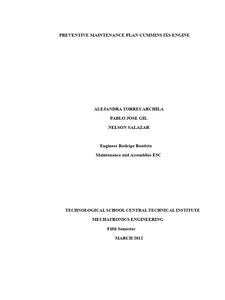Preventive Maintenance Plan Cummins Ixs Engine Work Send | PDF ...