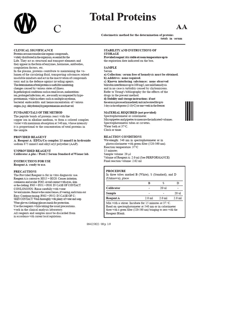 Total Proteins Aa SP | PDF | Blood Plasma | Spectrophotometry