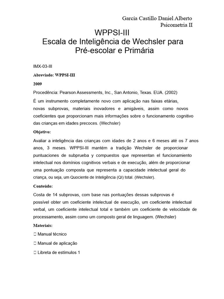 Avaliação WPPSI-III para Crianças | PDF | Inteligência | Quociente de ...