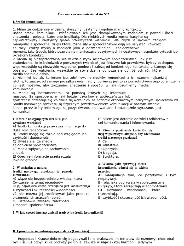 Ćwiczenia Z Rozumienia Tekstu N 2 | PDF