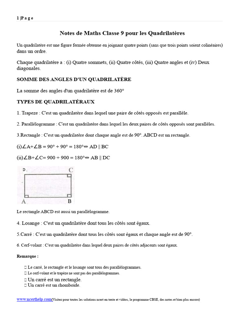 Notes sur les Quadrilatères en Maths 9 | PDF | Euclide | Formes ...