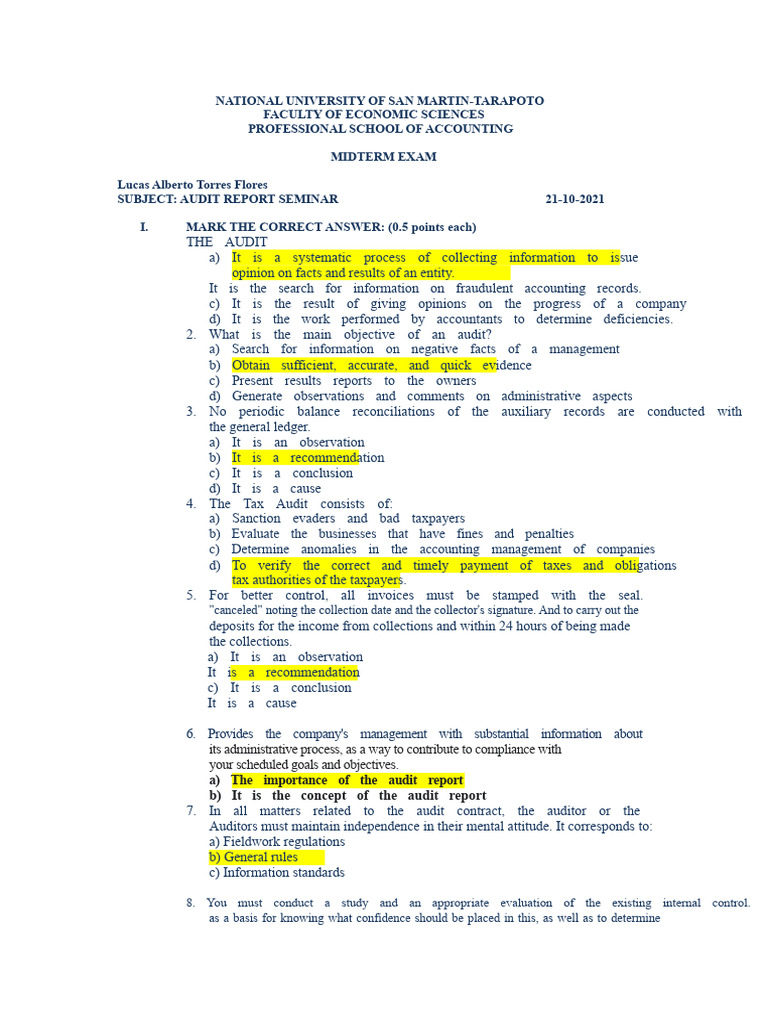 Partial Exam | PDF | Audit | Auditor's Report