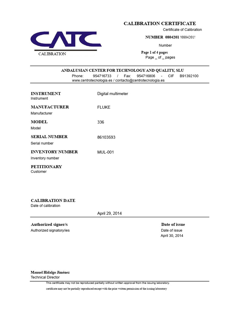 Fluke Multimeter Calibration Report | PDF | Calibration | Measurement