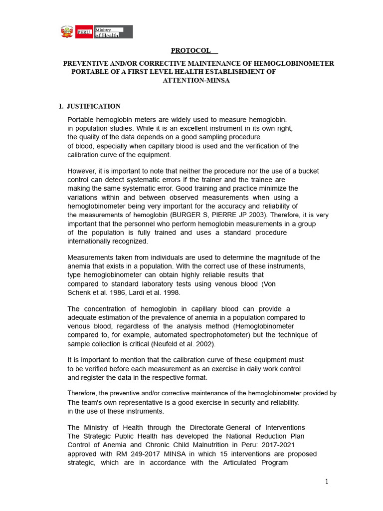Hemoglobinometer Maintenance Protocol | PDF | Observational Error ...
