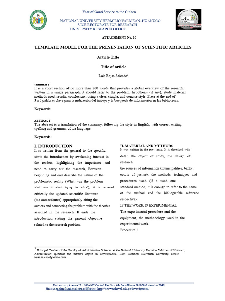Annex 10 Template Model For Article Presentation UNHEVAL | PDF ...