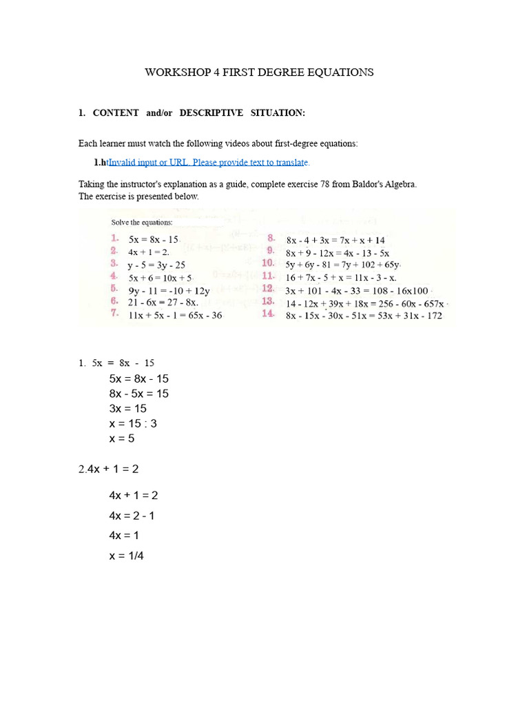 WORKSHOP 4 FIRST DEGREE EQUATIONS Developed | PDF