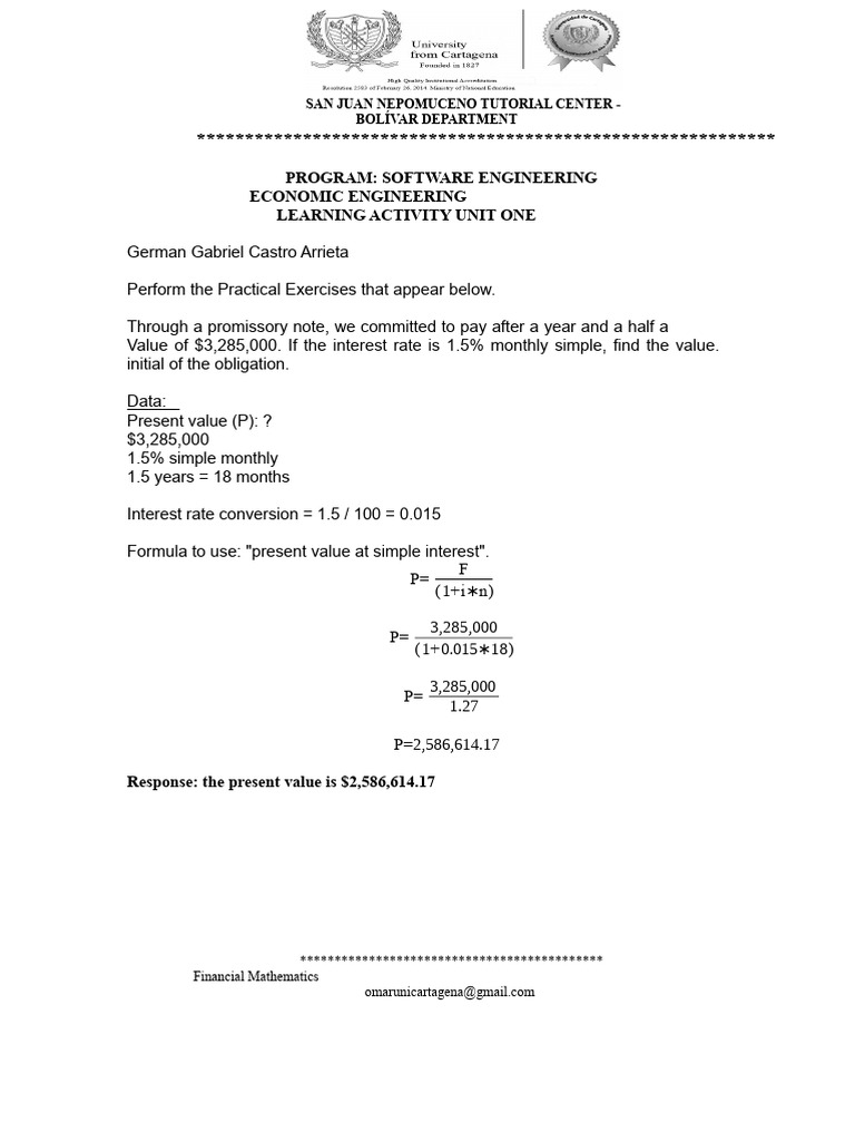 Learning Activity Unit One - German Castro | PDF | Present Value | Interest