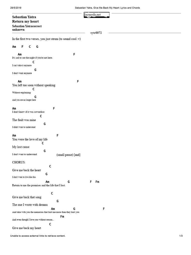 Sebastian Yatra, Give Me Back My Heart - Lyrics and Chords | PDF