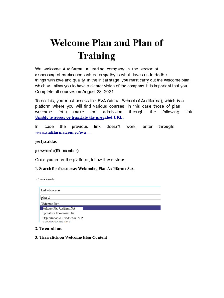 Welcome Plan and Training Plan | PDF | Evaluation
