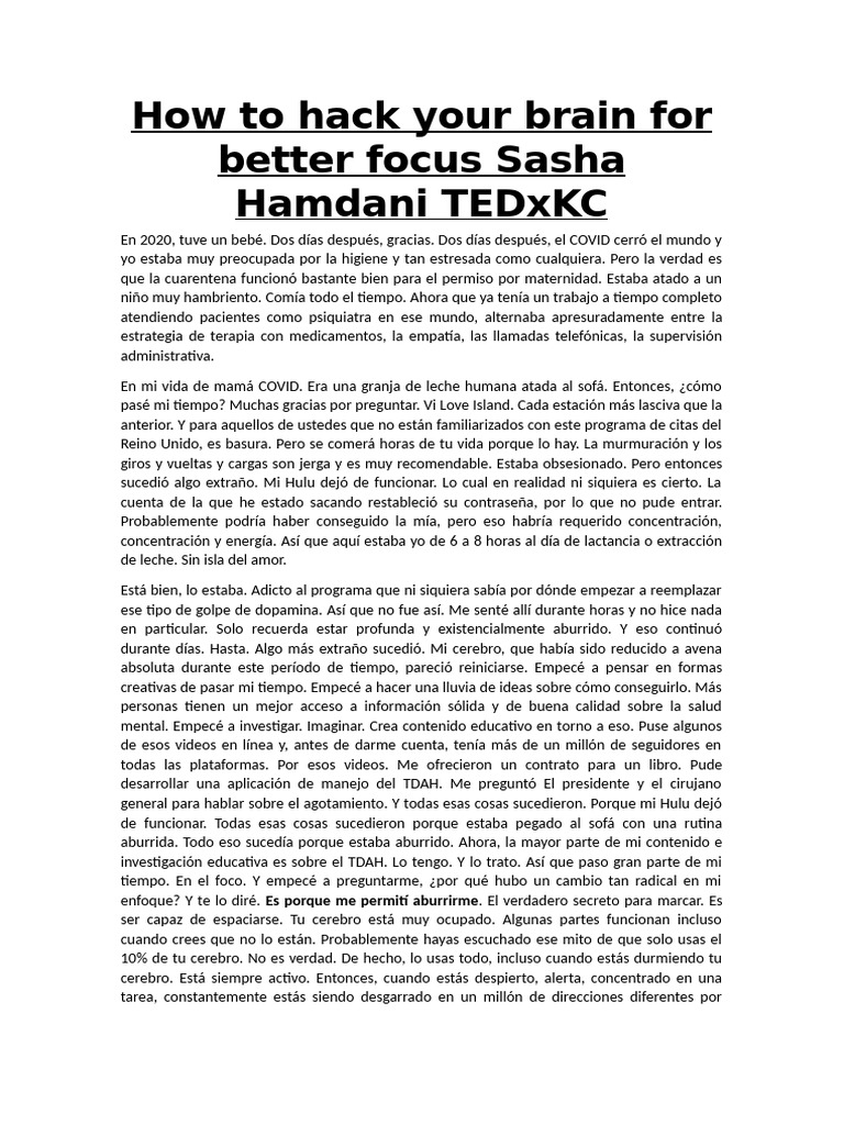 How To Hack Your Brain For Better Focus Sasha Hamdani TEDxKC | PDF ...