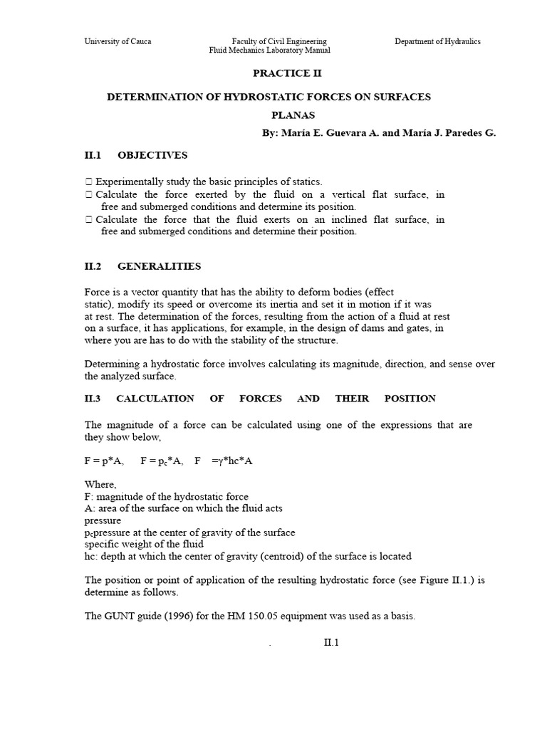 Lab # 1 First Report - Hydrostatic Forces | PDF | Force | Pressure