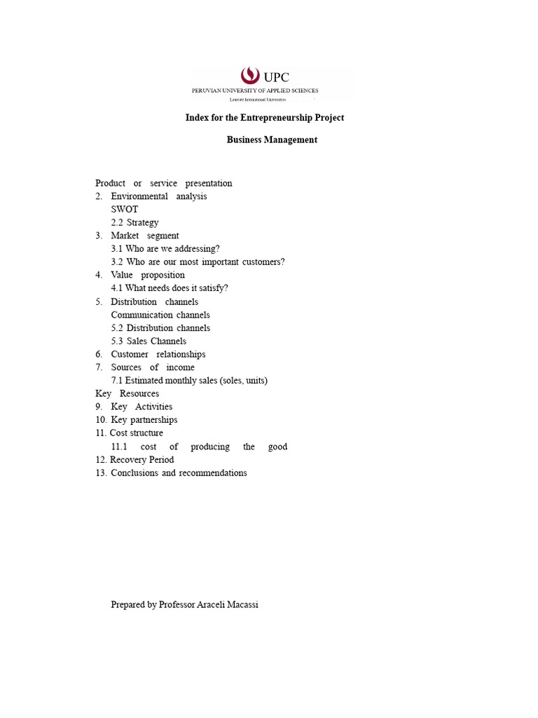 Index For The Entrepreneurship Project PDF | PDF