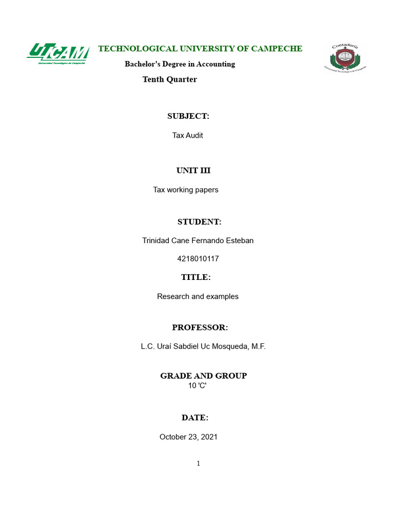 Unit III. Tax Work Papers | PDF | Audit | Taxes
