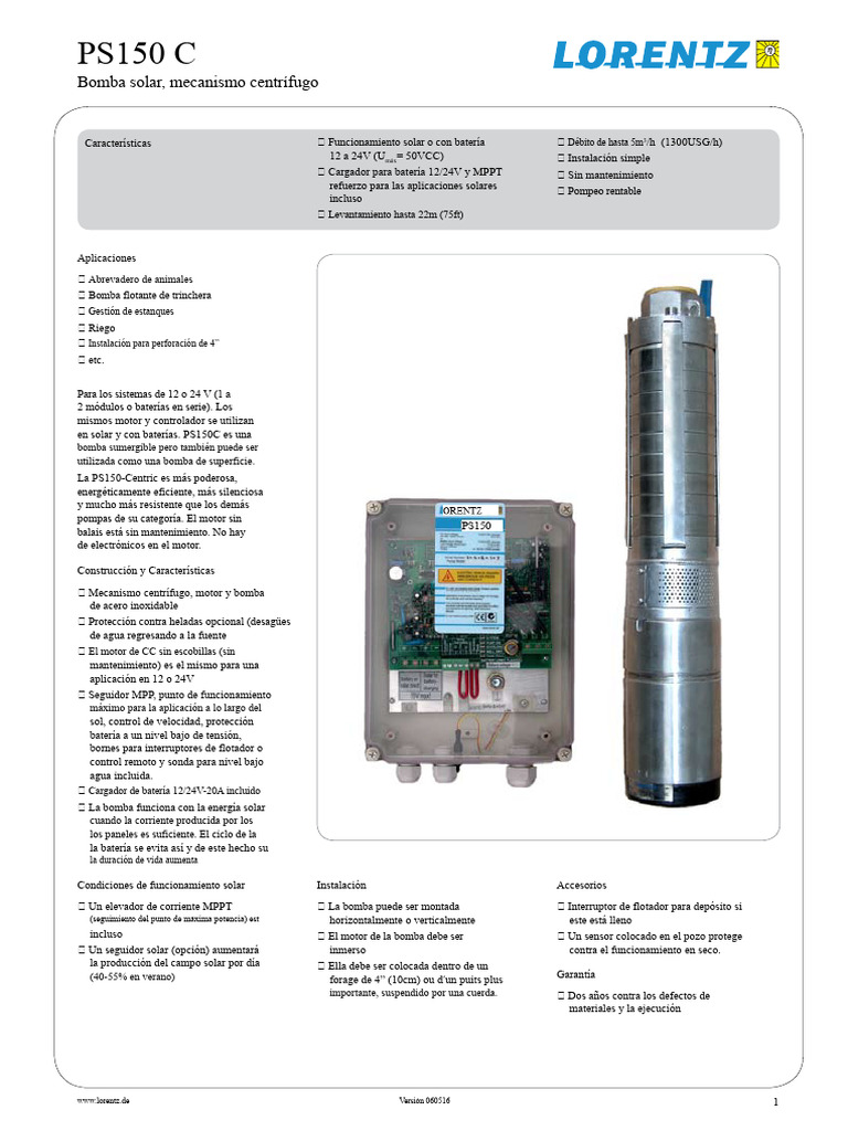 Bomba Solar Lorentz PS150C | PDF | Bomba | Motores