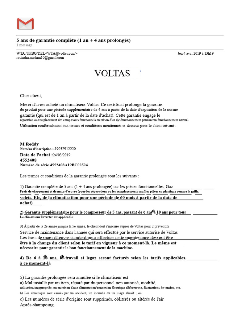 Gmail - Garantie Complète de 5 Ans (1 An + 4 Ans de Prolongation) | PDF | Climatisation
