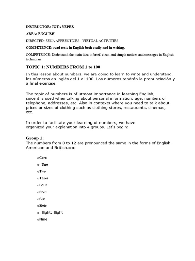 Learn English Numbers 1-100 Guide | PDF | English Language | Languages ...