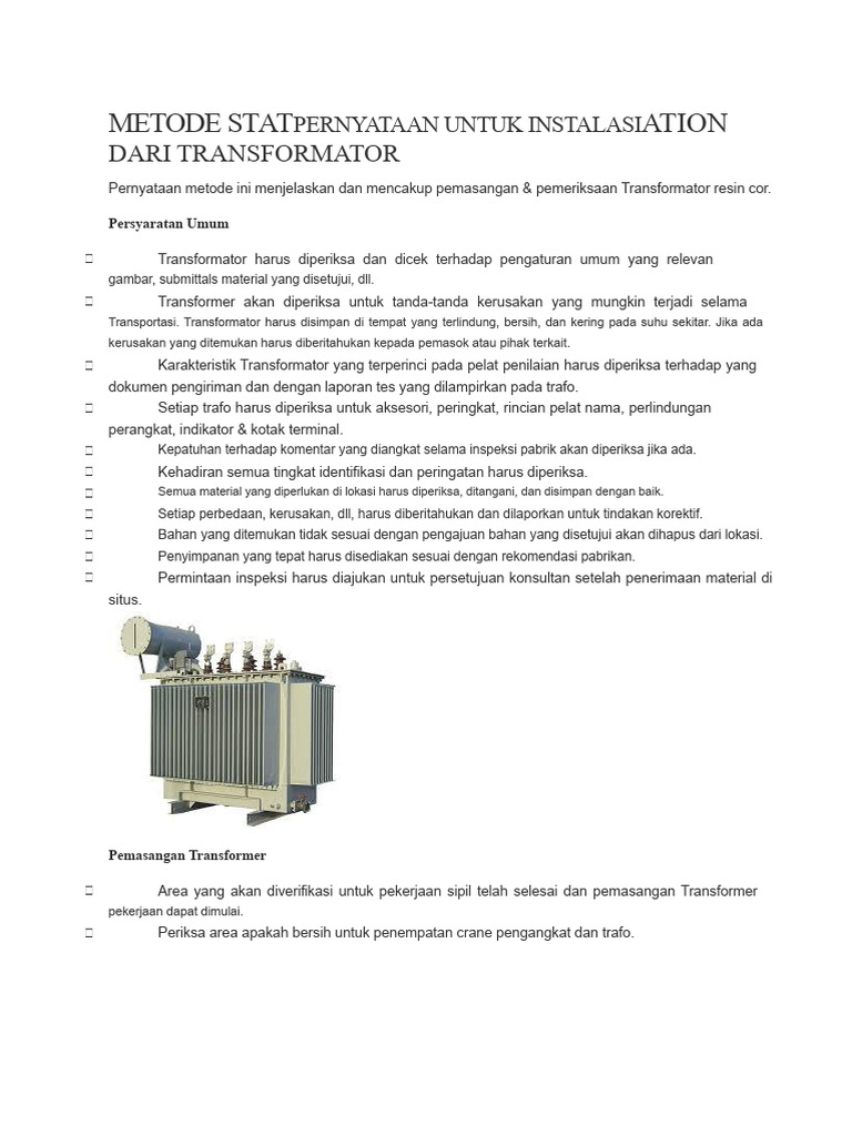 Pernyataan Metode Untuk Pemasangan Trafo | PDF